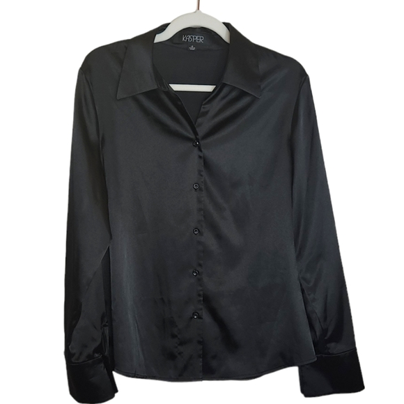 Kasper | Tops | Kasper Black Satin Long Sleeve Blouse Career Office ...